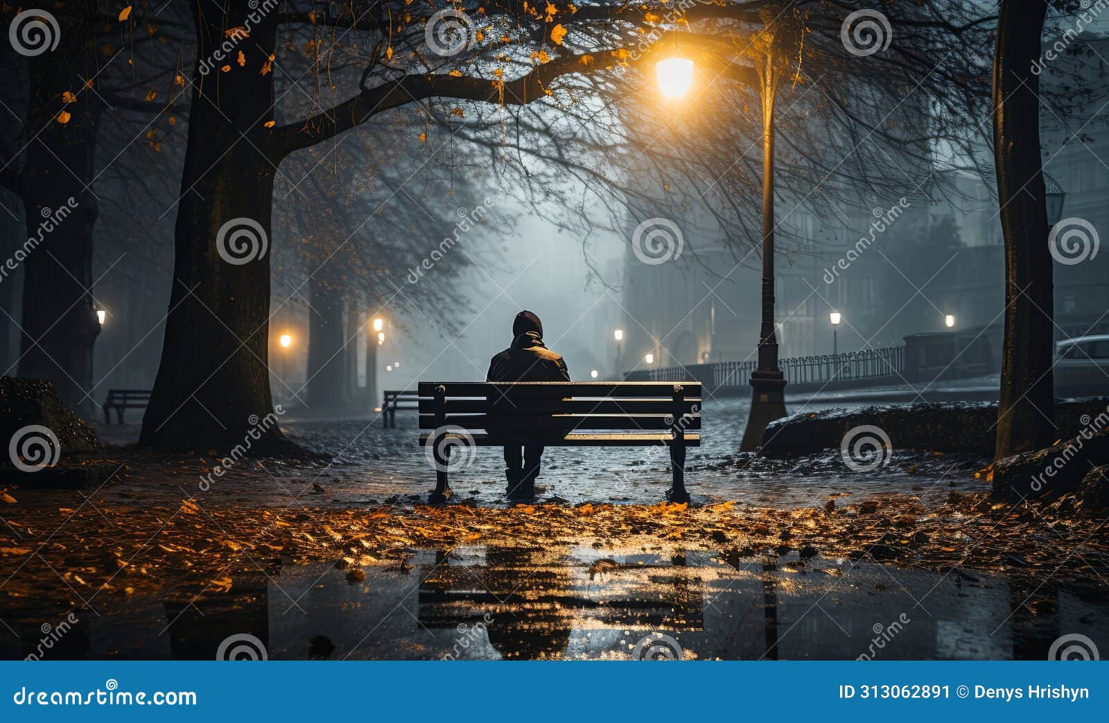 Person Sitting on Bench in Rain Stock Image - Image of pavement, dreary ...