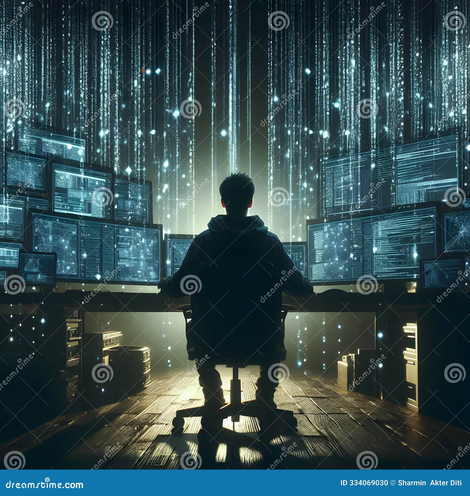 A Person Sitting in Front of a Computer Setup with Multiple Monitors ...