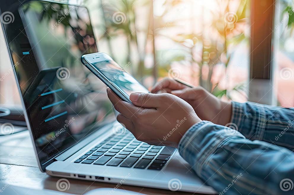 A Person is Sitting in Front of a Laptop Computer and Using a Cell ...