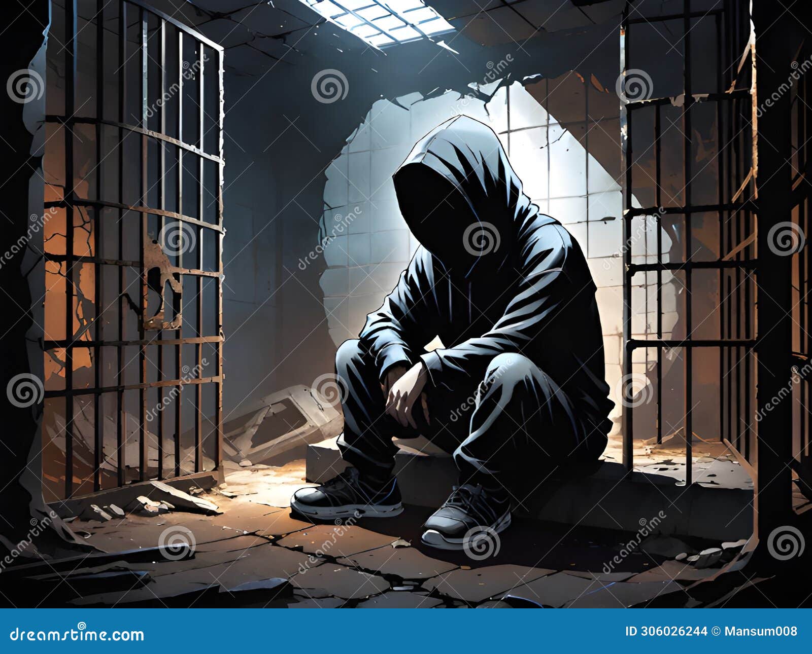 A Person Sitting in a Jail Cell with a Hood on Stock Illustration ...