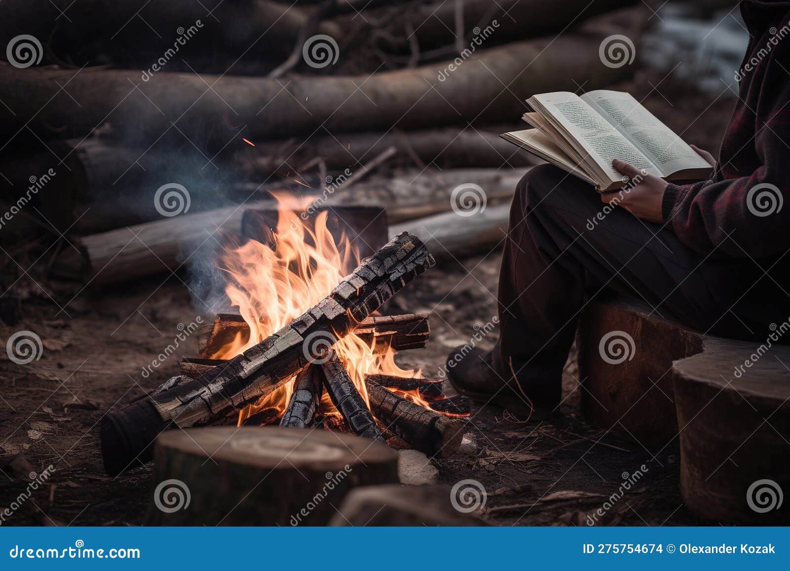A Person Sitting on a Log in Front of a Campfire Reading Book ...