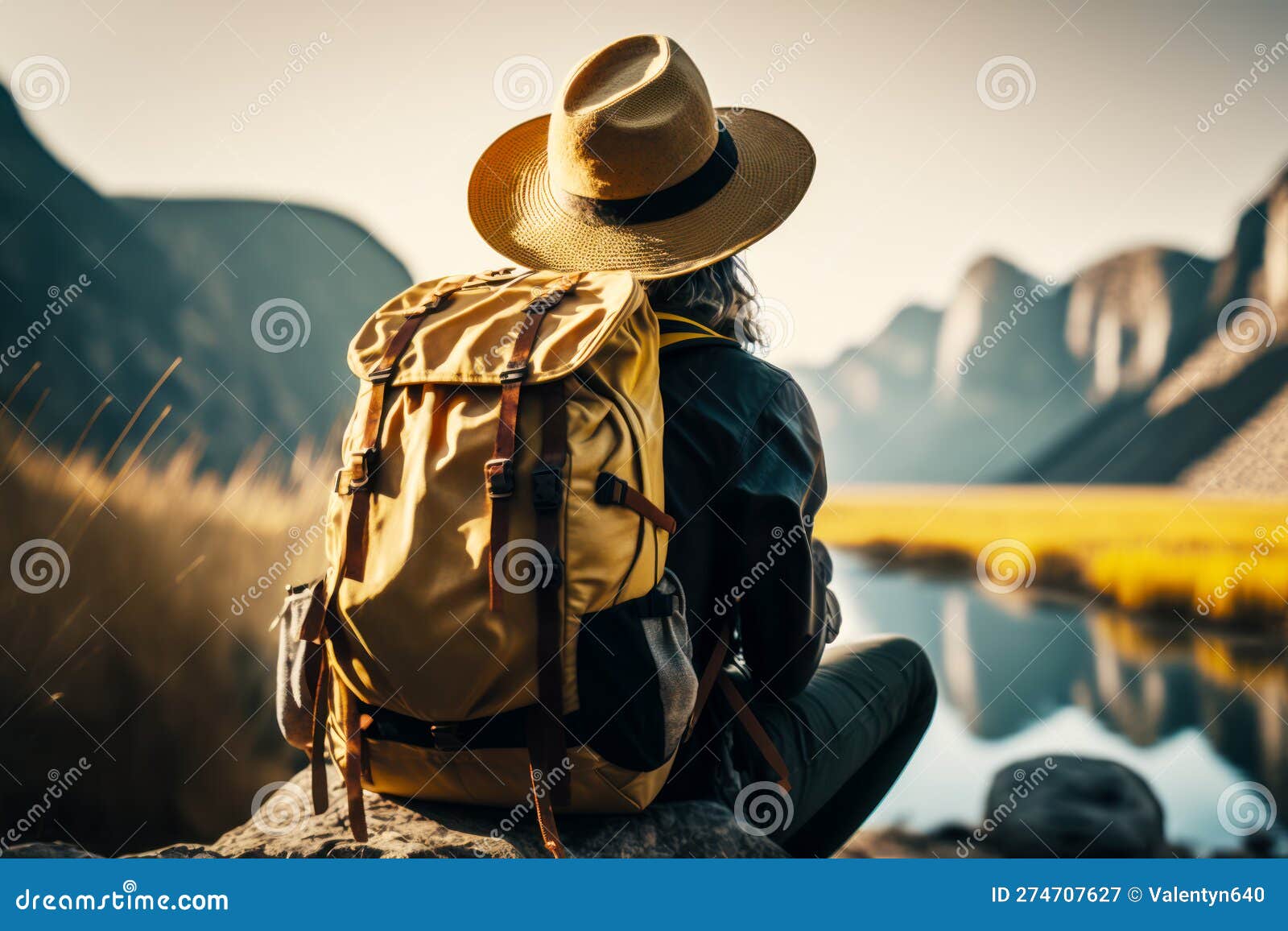 Person Sitting on Rock with Backpack and Hat on Their Head. Generative ...