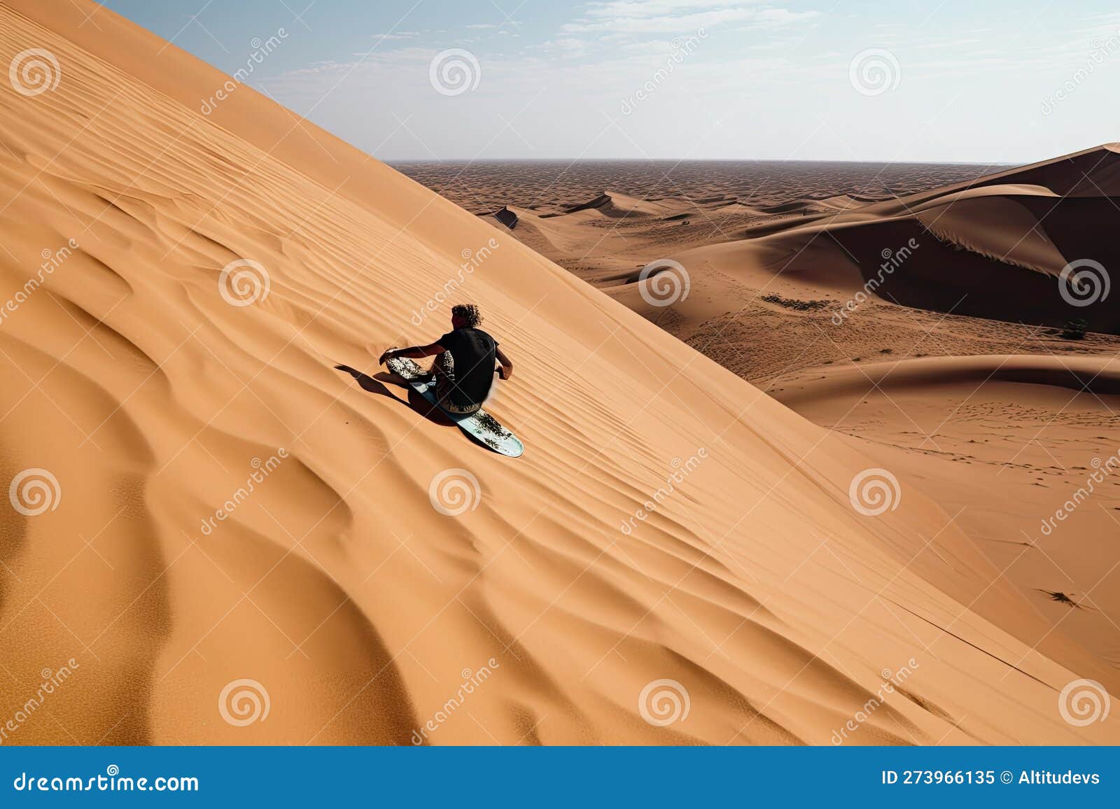 Person, Sliding Down Sand Dune on Board, Surrounded by Endless Desert ...