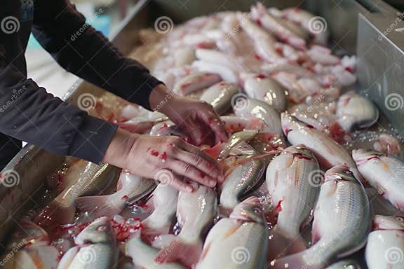 Person Sorting and Grading Fish in Processing Facility Stock Photo ...