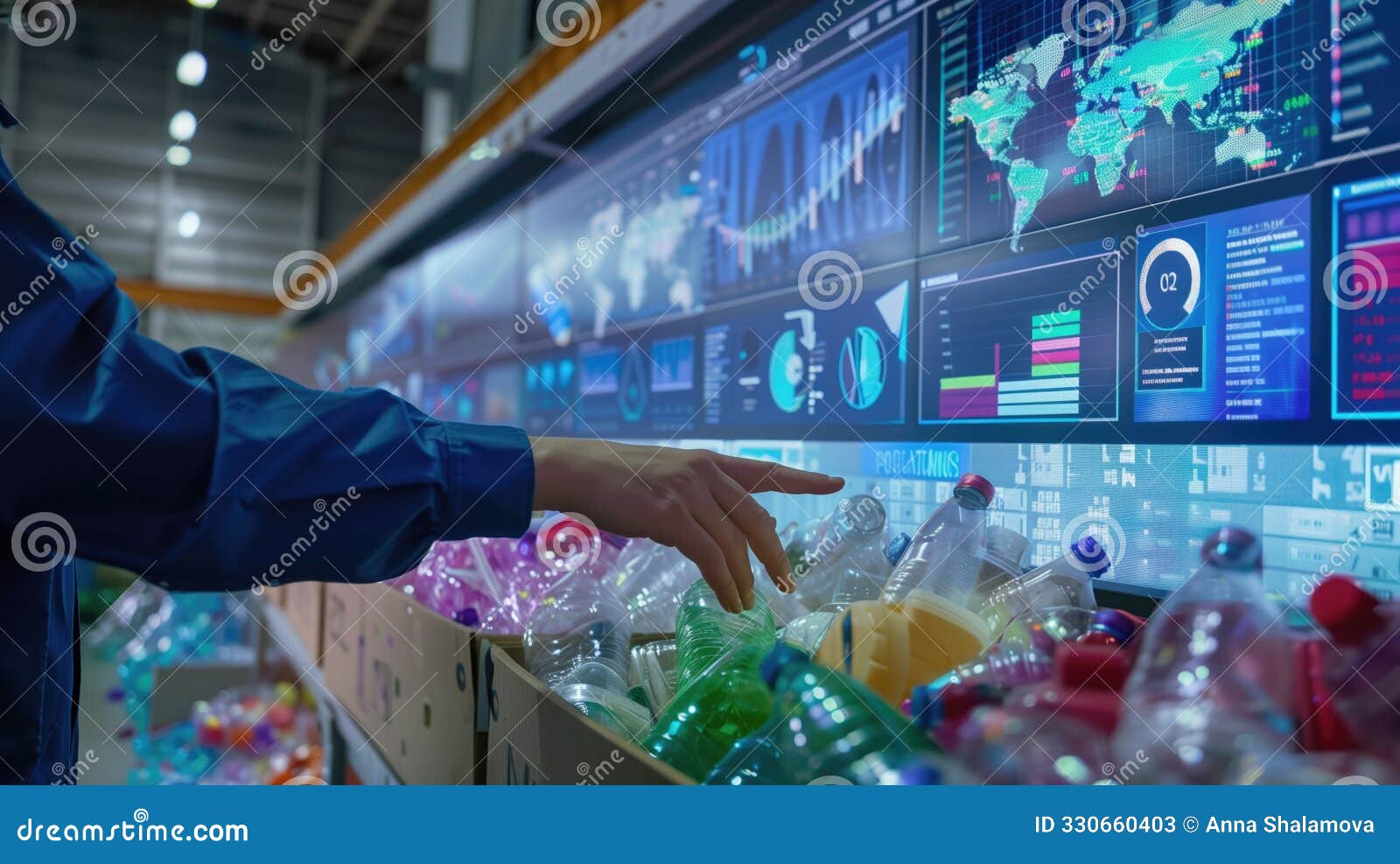 Person Sorting Plastic Bottles at a Recycling Facility with Digital ...