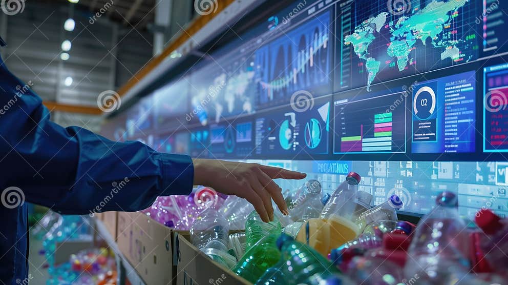Person Sorting Plastic Bottles at a Recycling Facility with Digital ...
