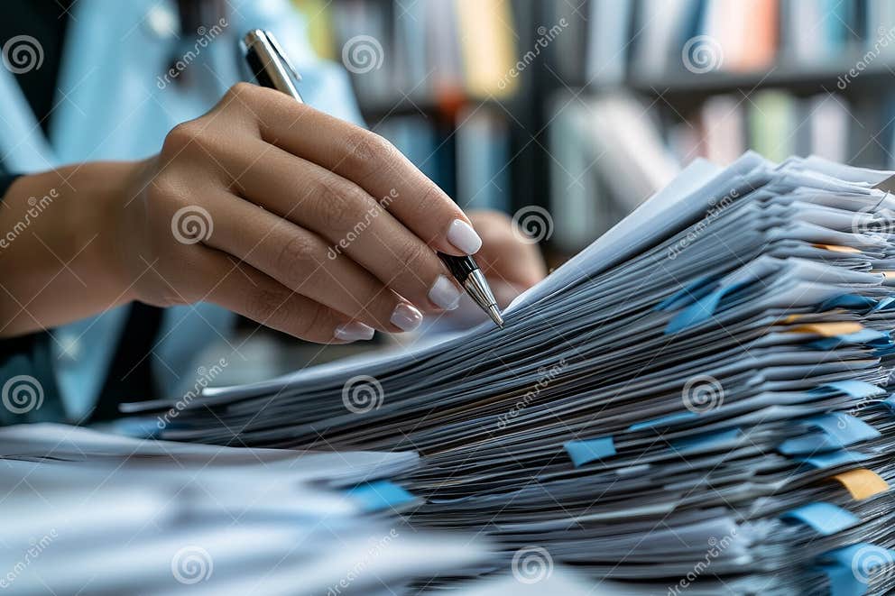 Person Sorting through a Tall Pile of Paperwork in an Office ...