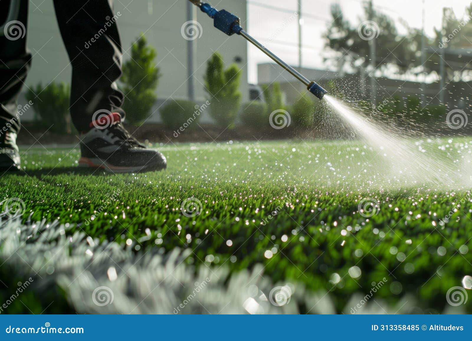 Person Spraying Water on Artificial Turf for Cleaning Stock Image ...