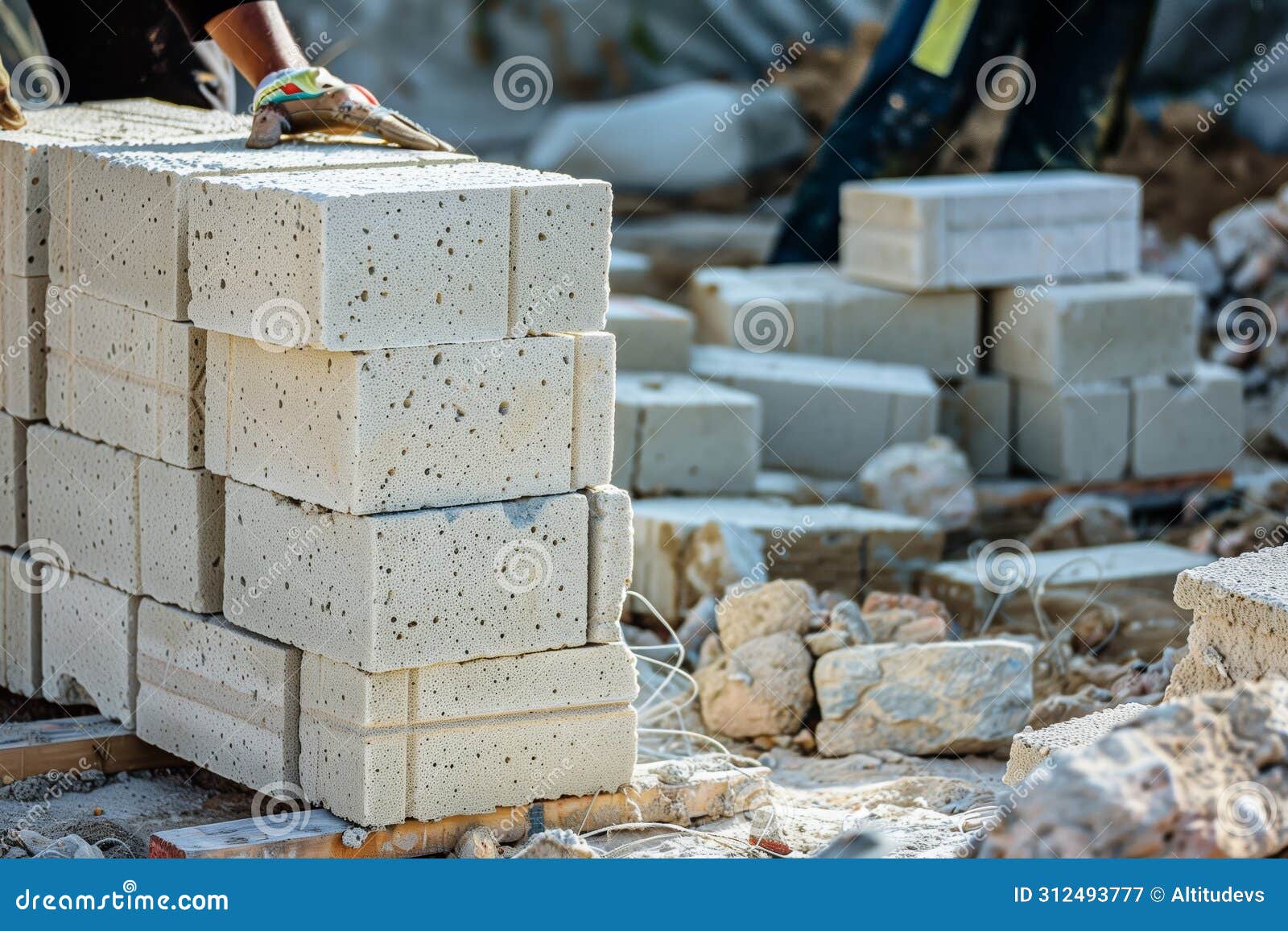 Person Stacking Aerated Concrete Blocks in a Construction Site Stock ...
