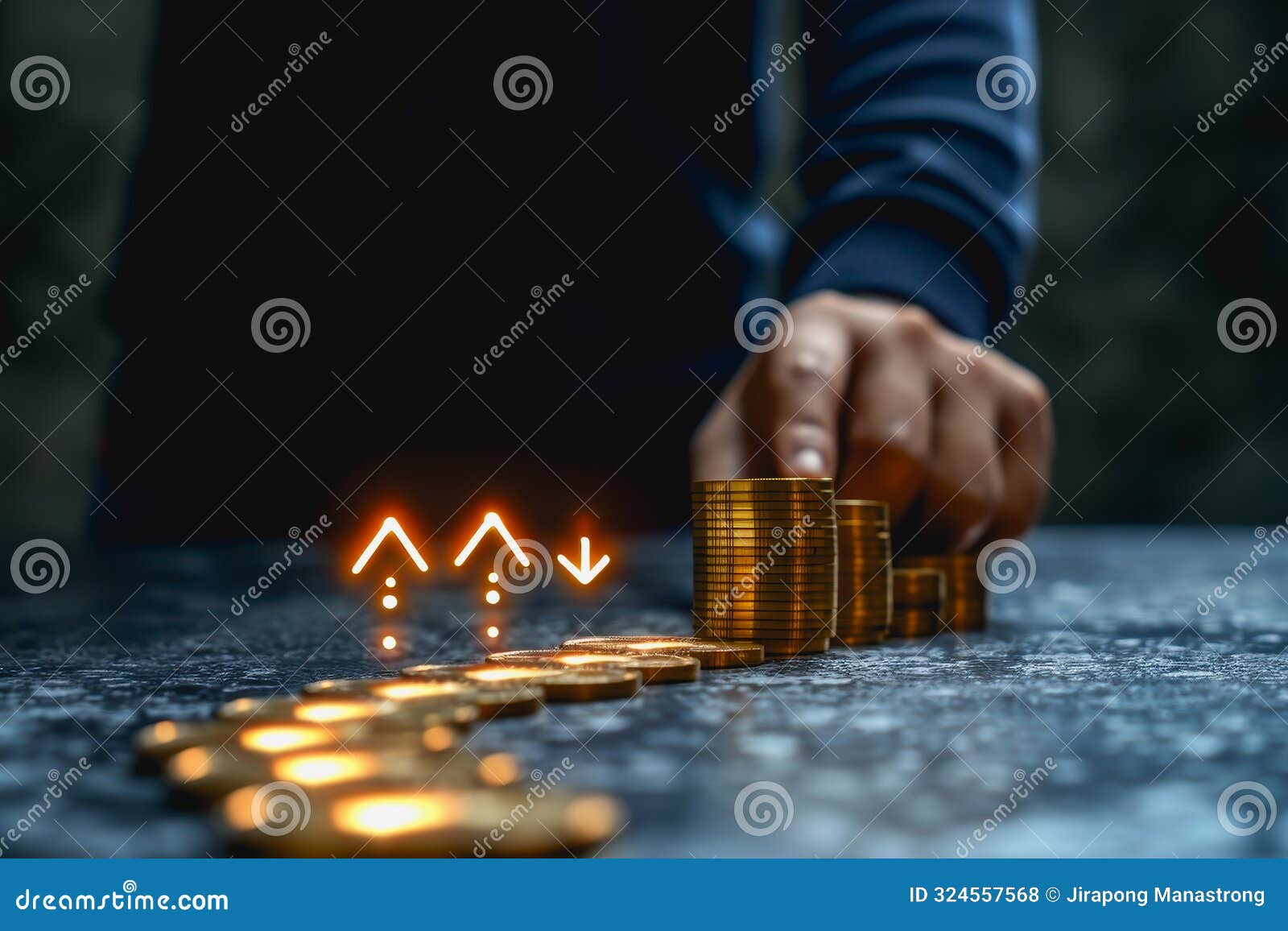 Person Stacking Gold Coins with Glowing Upward Arrow Chart Stock Photo ...