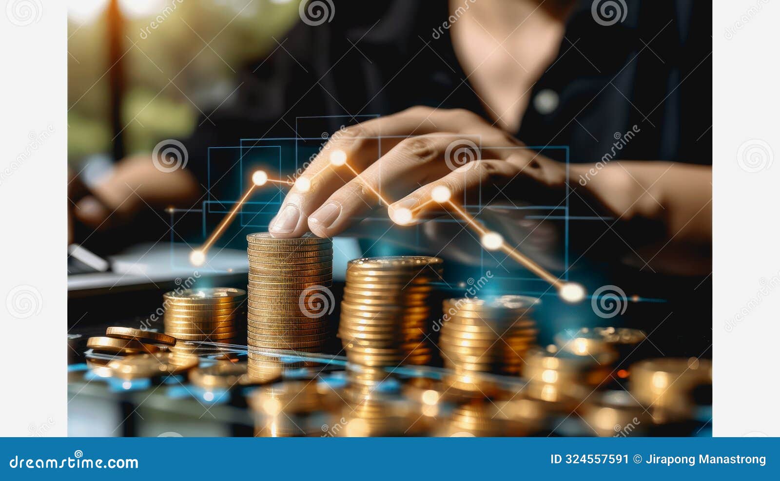 Person Stacking Gold Coins with Glowing Upward Arrow Chart Stock Image ...