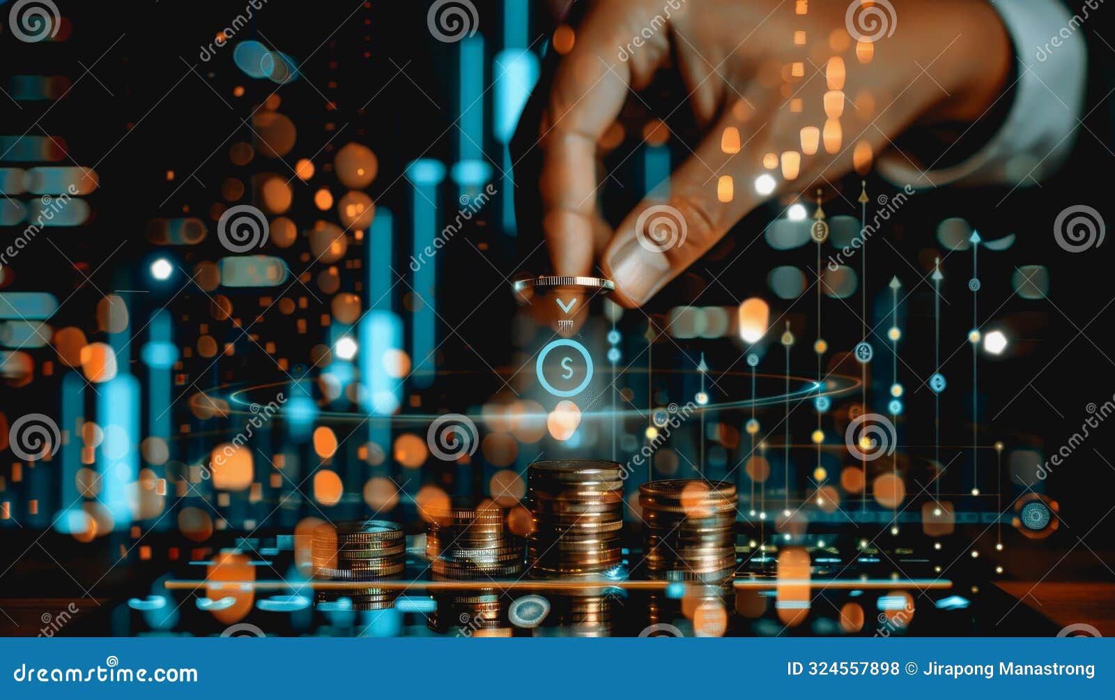 Person Stacking Gold Coins with Glowing Upward Arrow Chart Stock Photo ...