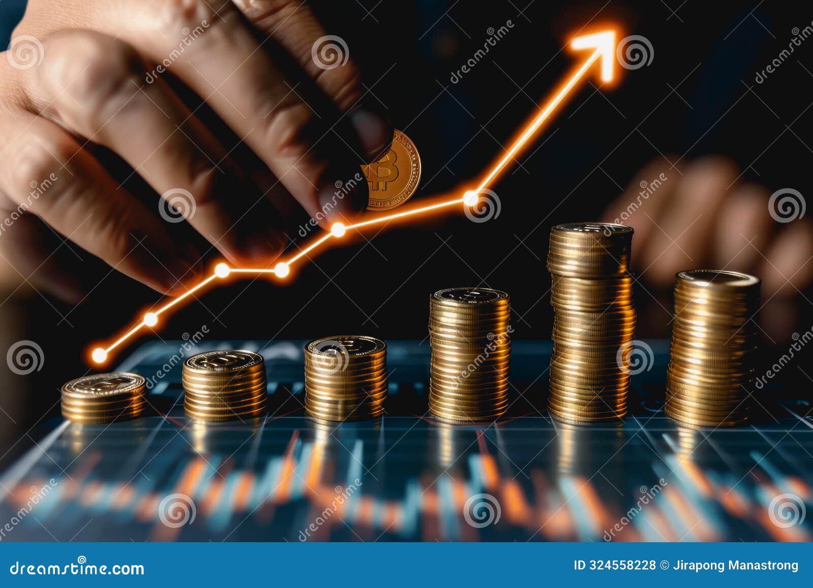 Person Stacking Gold Coins with Glowing Upward Arrow Chart Stock Photo ...