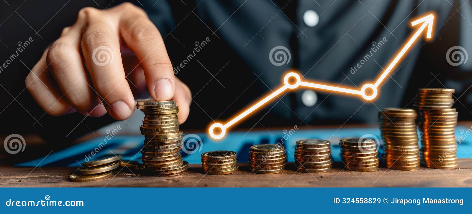 Person Stacking Gold Coins with Glowing Upward Arrow Chart Stock Image ...