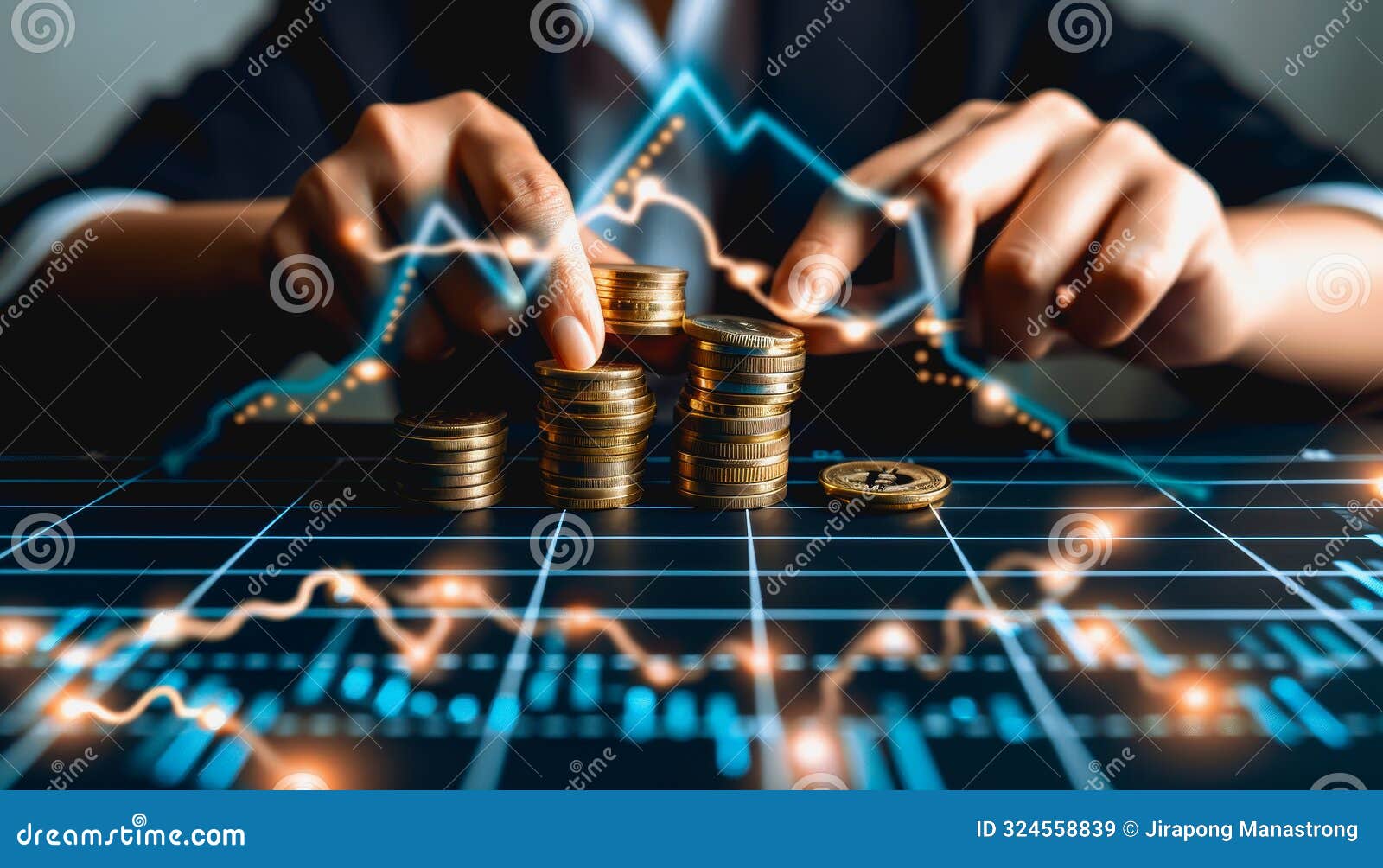 Person Stacking Gold Coins with Glowing Upward Arrow Chart Stock Image ...