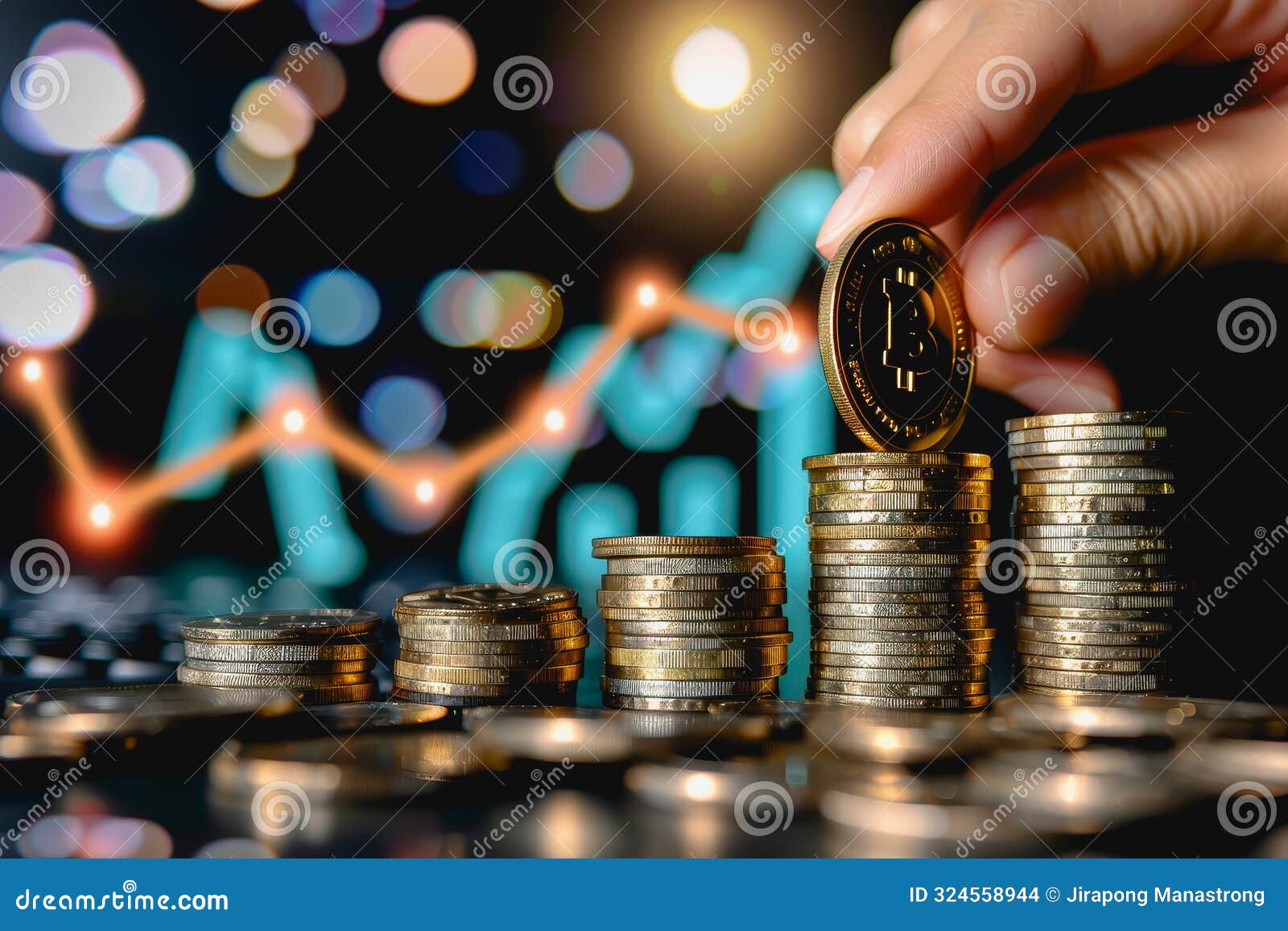 Person Stacking Gold Coins with Glowing Upward Arrow Chart Stock ...