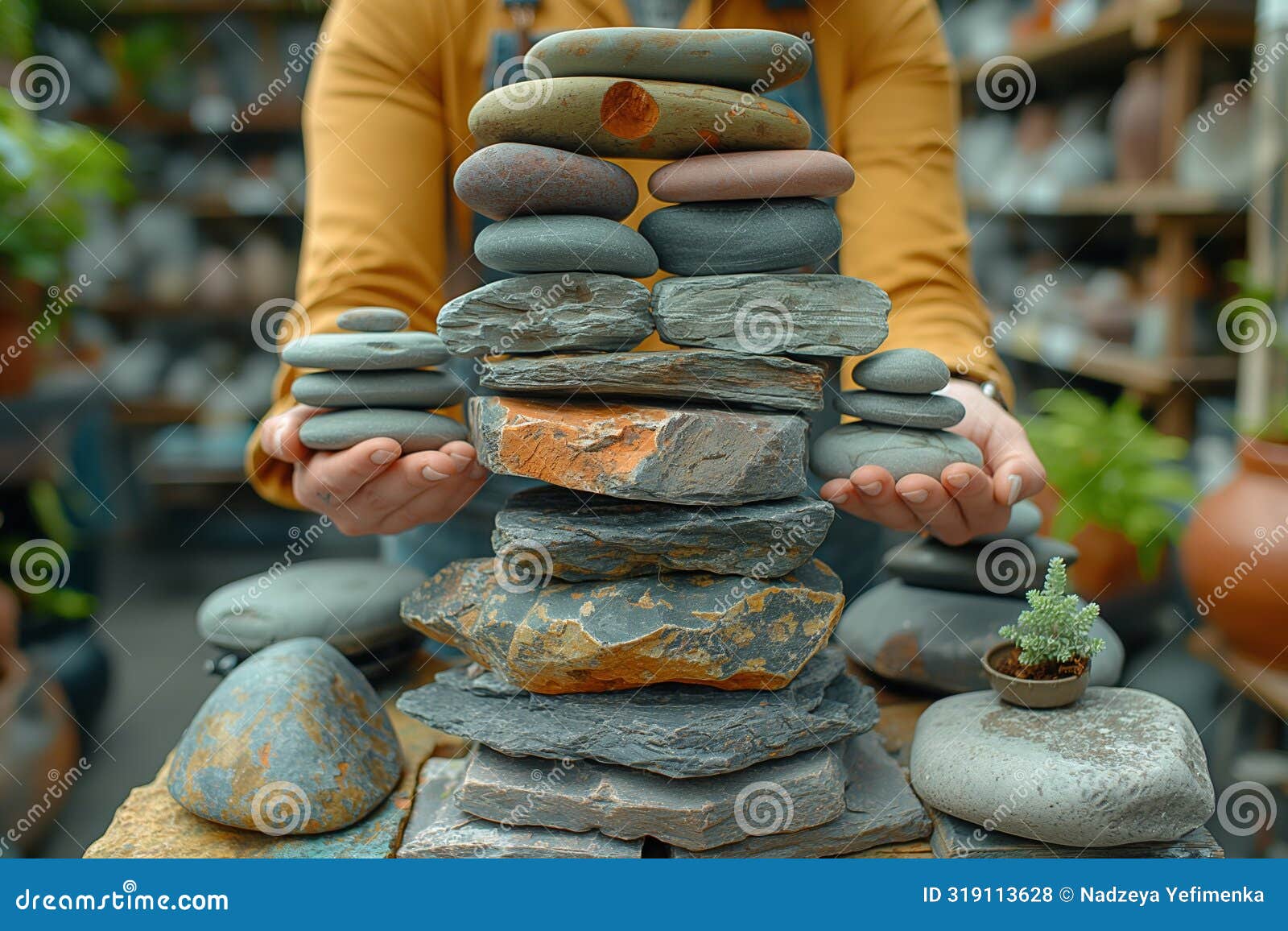 Person Stacking Various Shapes and Sizes of Stones on a Table in a ...