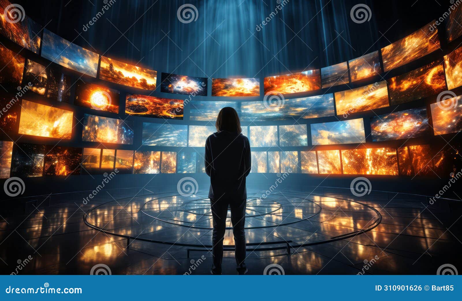 Person Standing in Awe Inside a Circular Room Surrounded by Multitudes ...