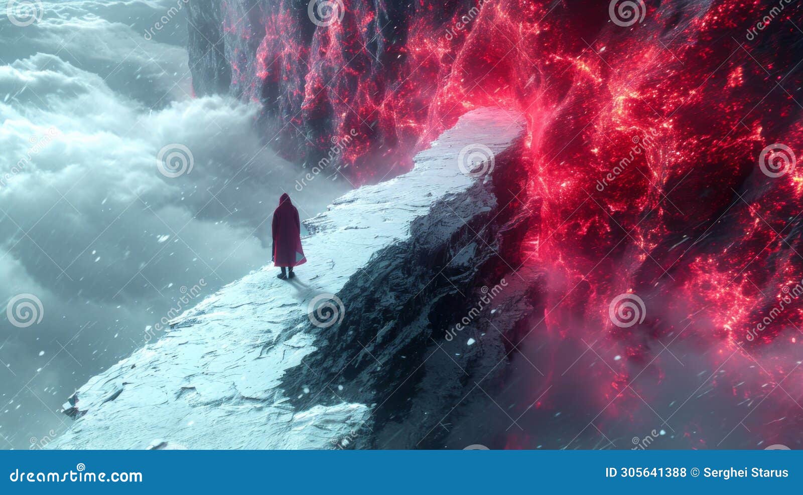 A Person Standing on a Cliff Looking at the Red Fire, AI Stock Photo ...