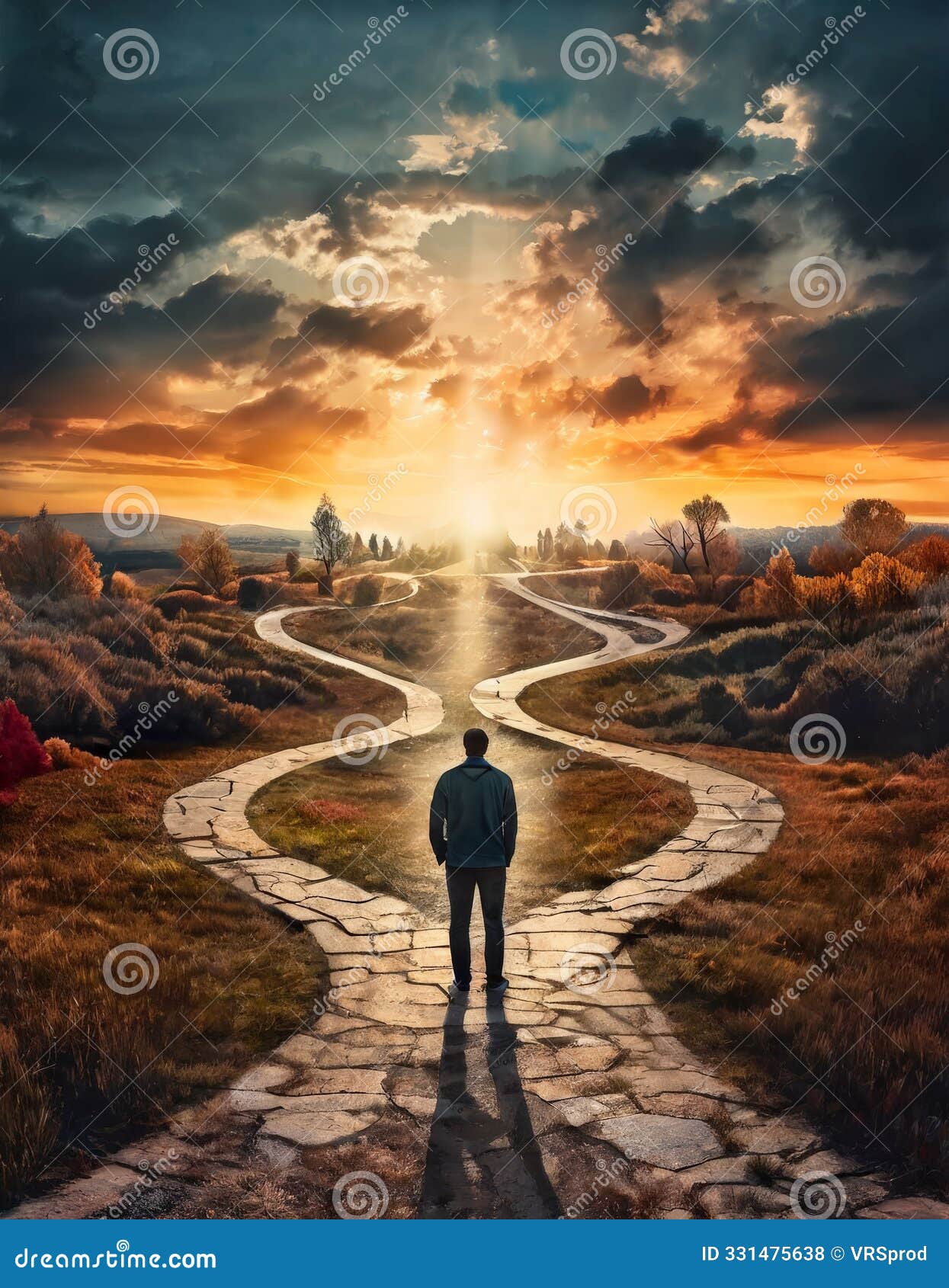 Person Standing at Crossroads Under a Dramatic Sunset Sky Stock Photo ...