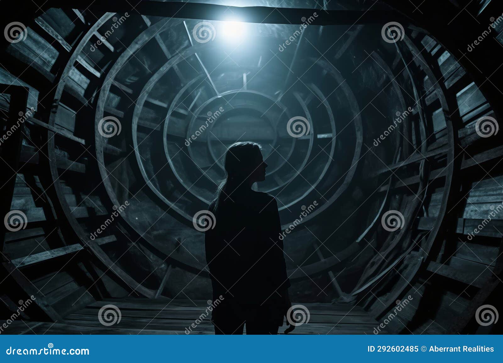A Person Standing in the Dark Inside of a Circular Tunnel Stock ...