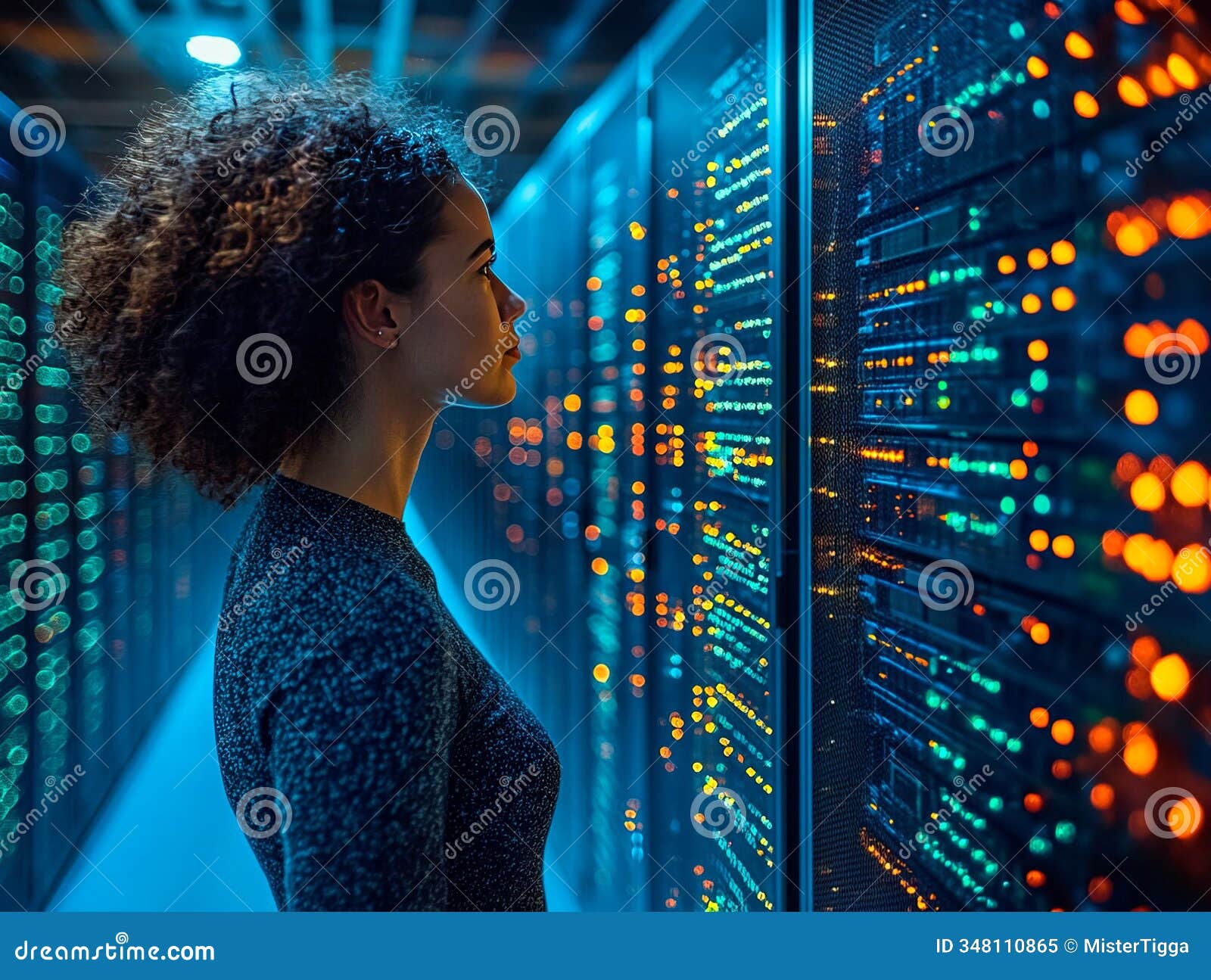 A Person Standing, Focused on Server Racks in a Data Center or Network ...