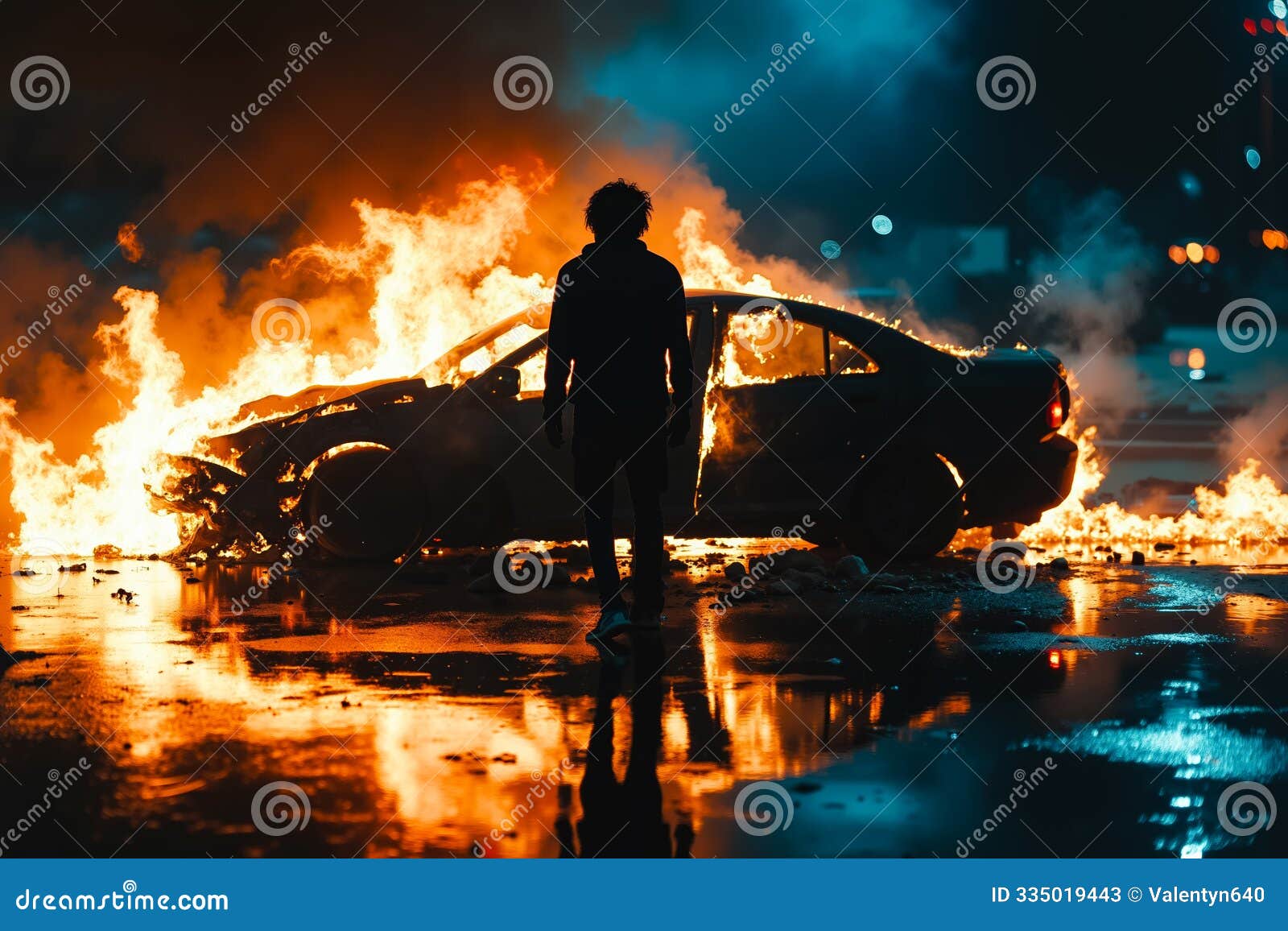 A Man Standing in Front of a Burning Car on Fire Stock Image - Image of ...