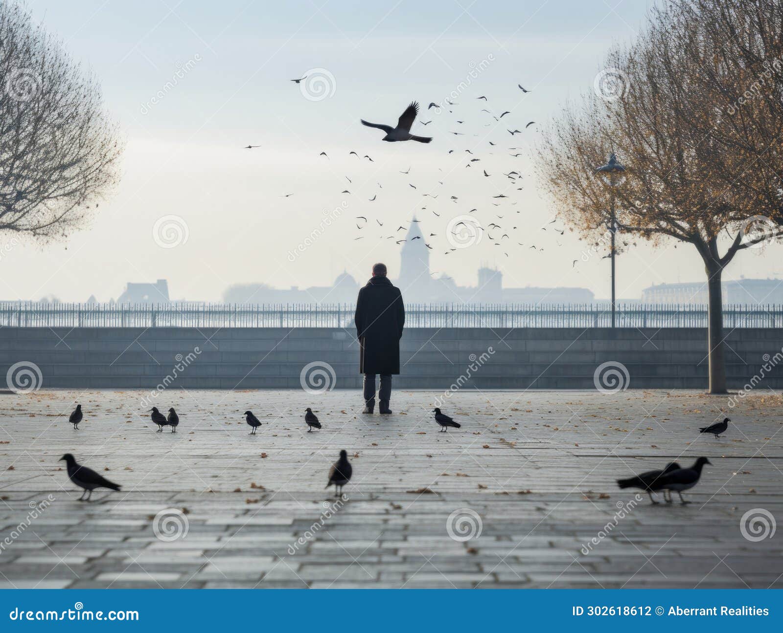 A Person Standing in Front of a Flock of Birds Stock Illustration ...