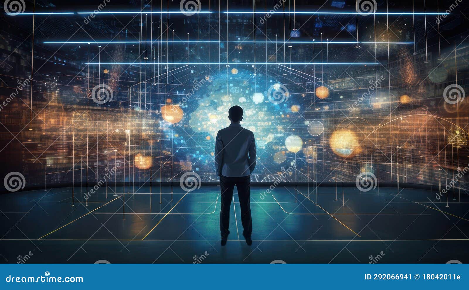 Person Standing in Front Gigantic Data Screen. Data and Analytics ...