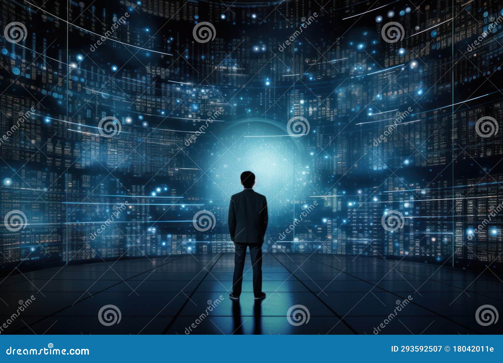 Person Standing in Front Gigantic Data Screen. Data and Analytics ...