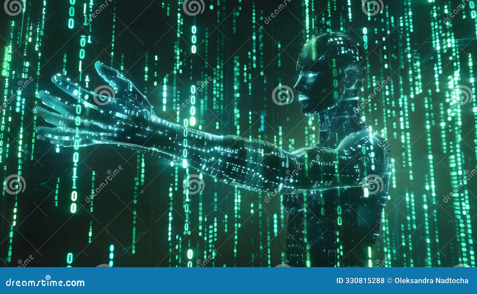 Person Standing in Front of Electric Blue Matrix Background Stock Photo ...