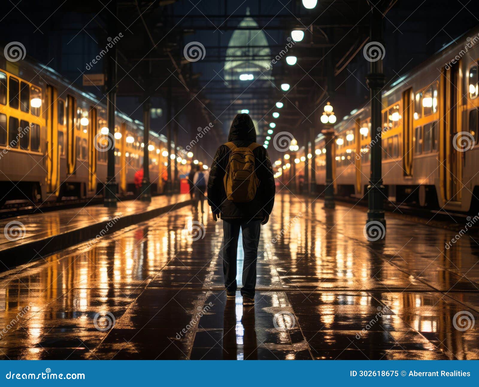 A Person Standing in Front of a Train Station at Night Stock ...
