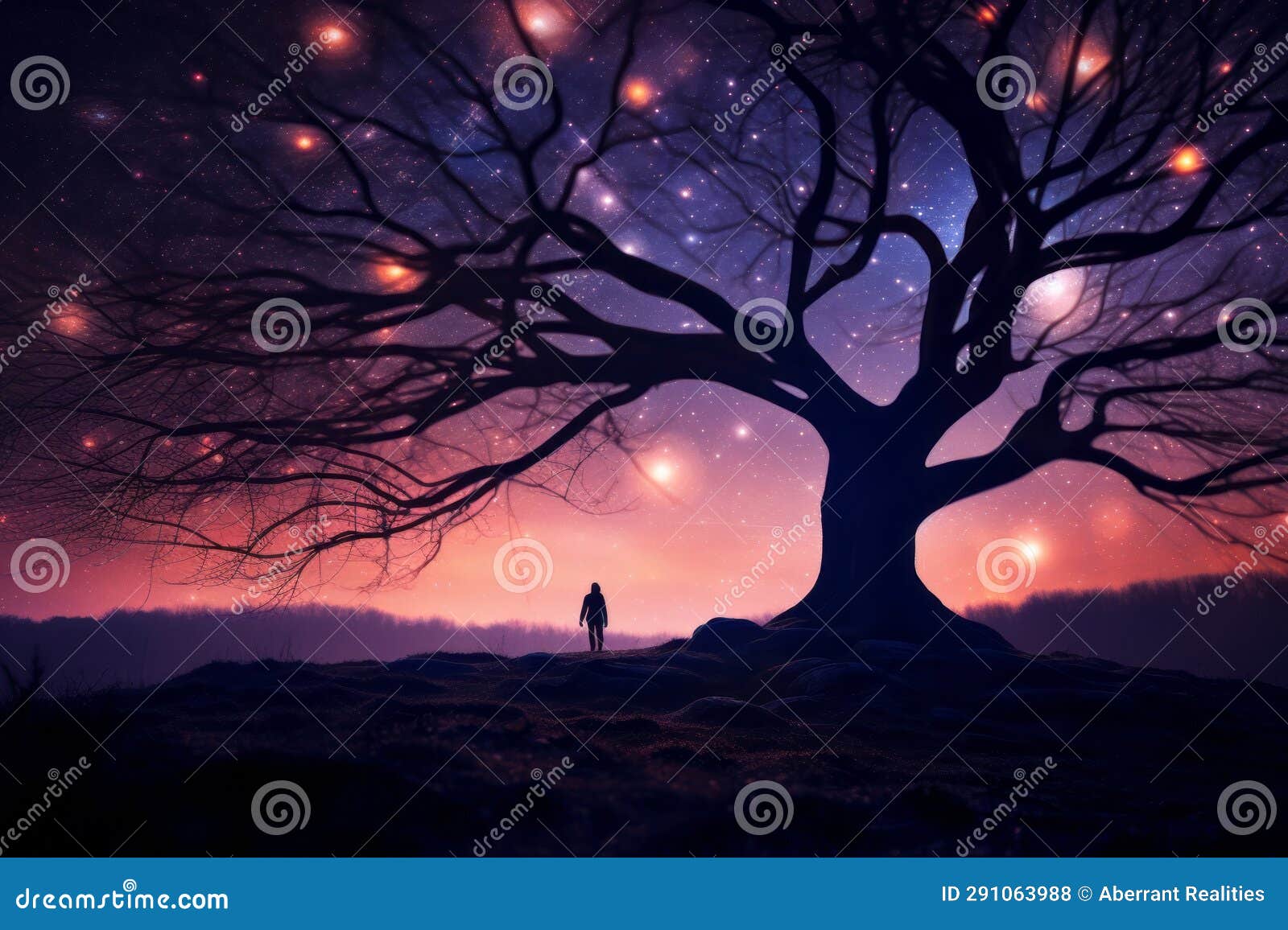 A Person Standing in Front of a Tree with Stars in the Sky Stock ...