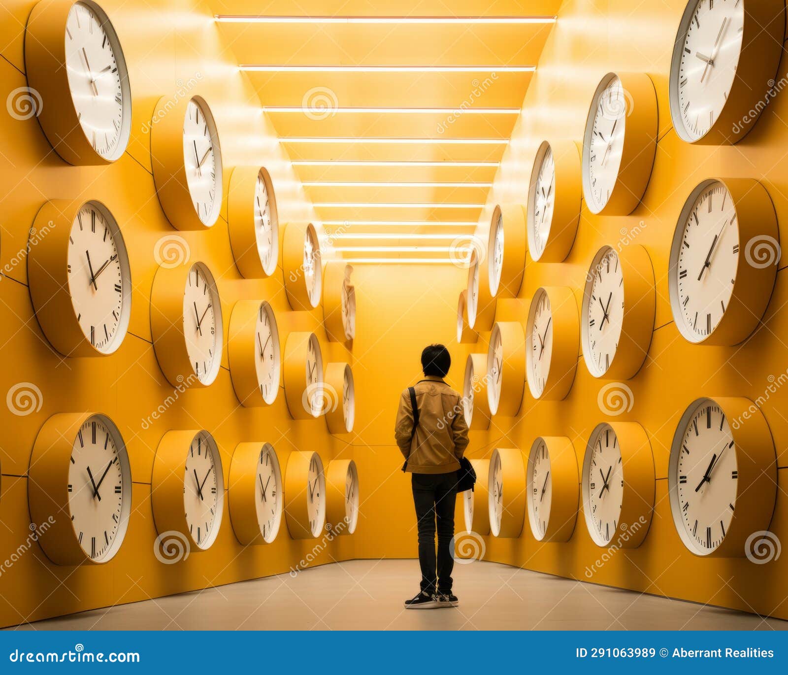 A Person Standing in Front of a Wall of Clocks Stock Illustration ...