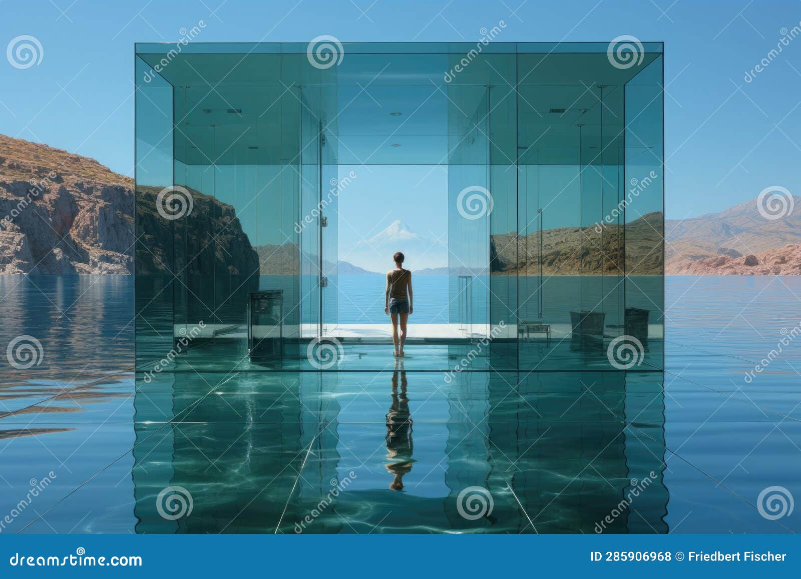 A Person Standing Inside of a Glass Structure. Digital Image. Stock ...