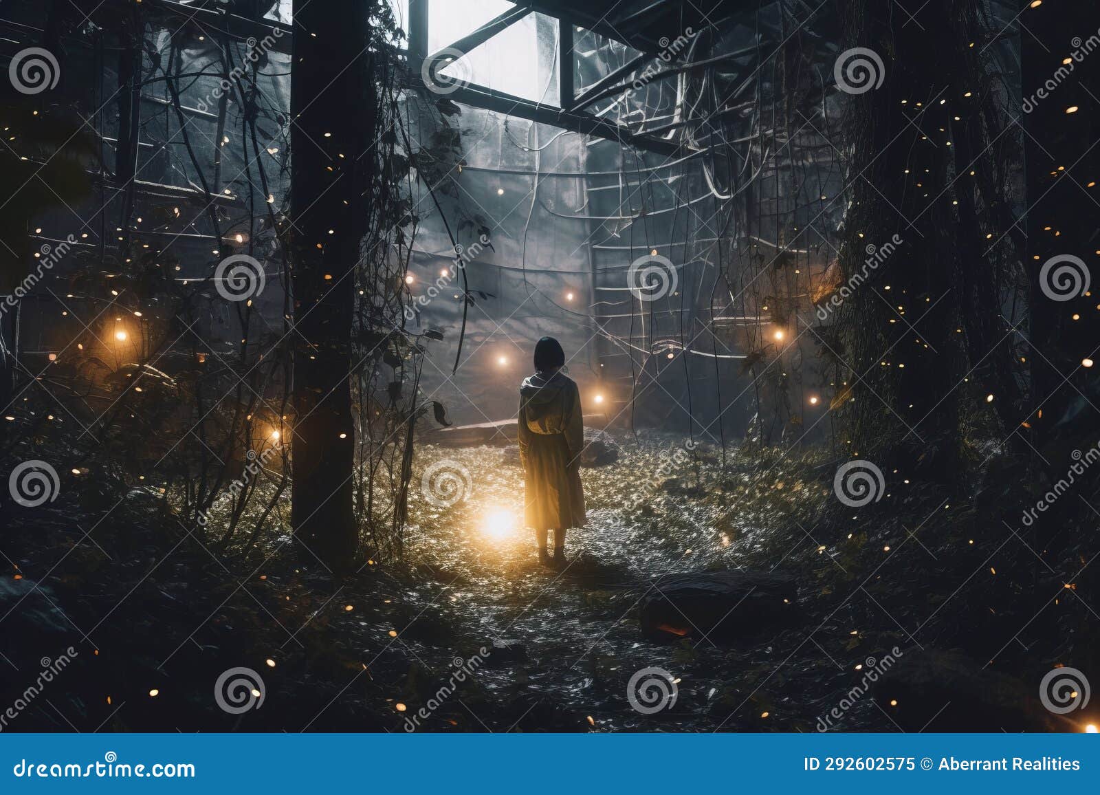 A Person Standing in the Middle of a Forest with Fireflies Stock ...