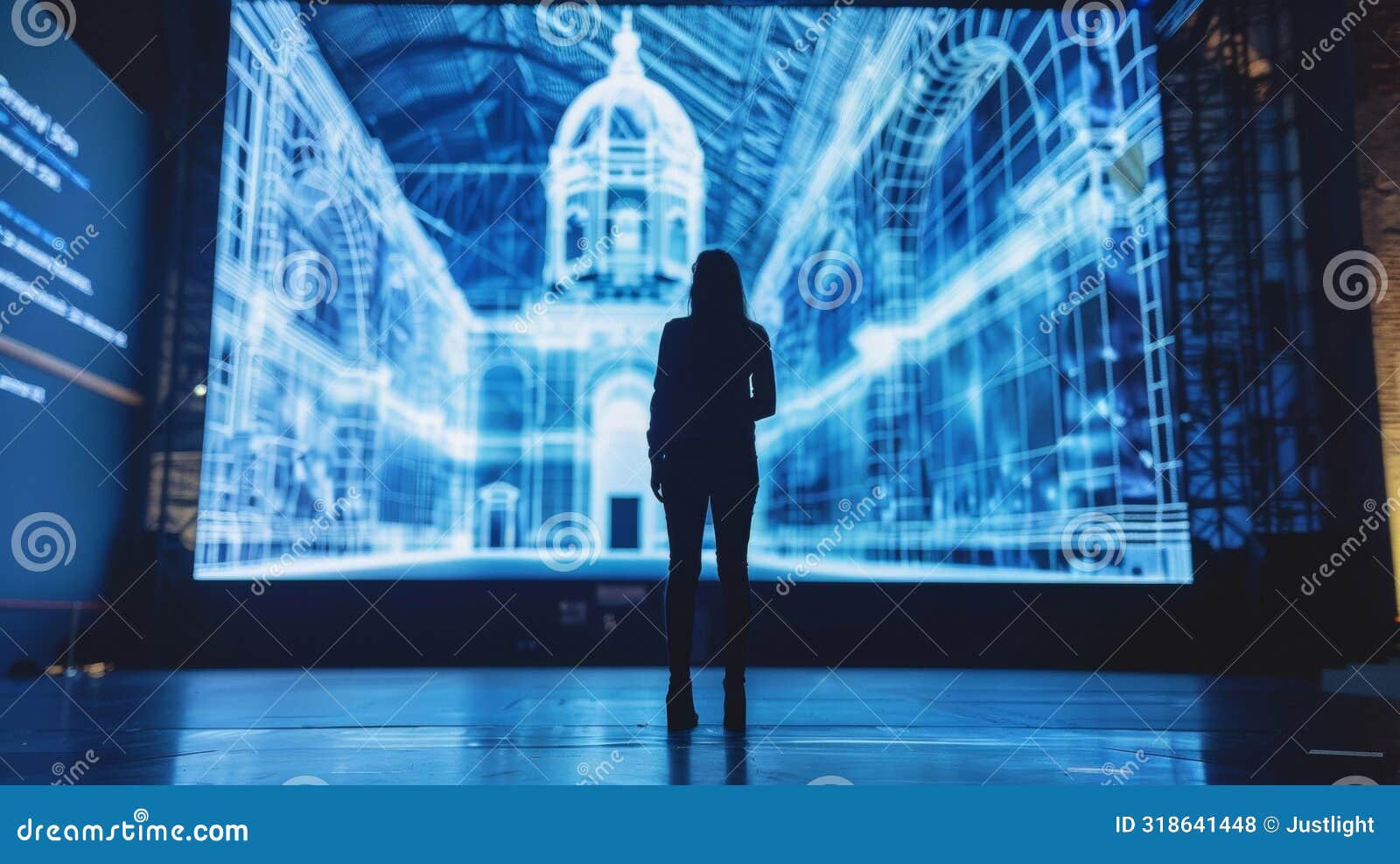 A Person Standing on a Stage Looking at a Screen in Front of Them. the ...