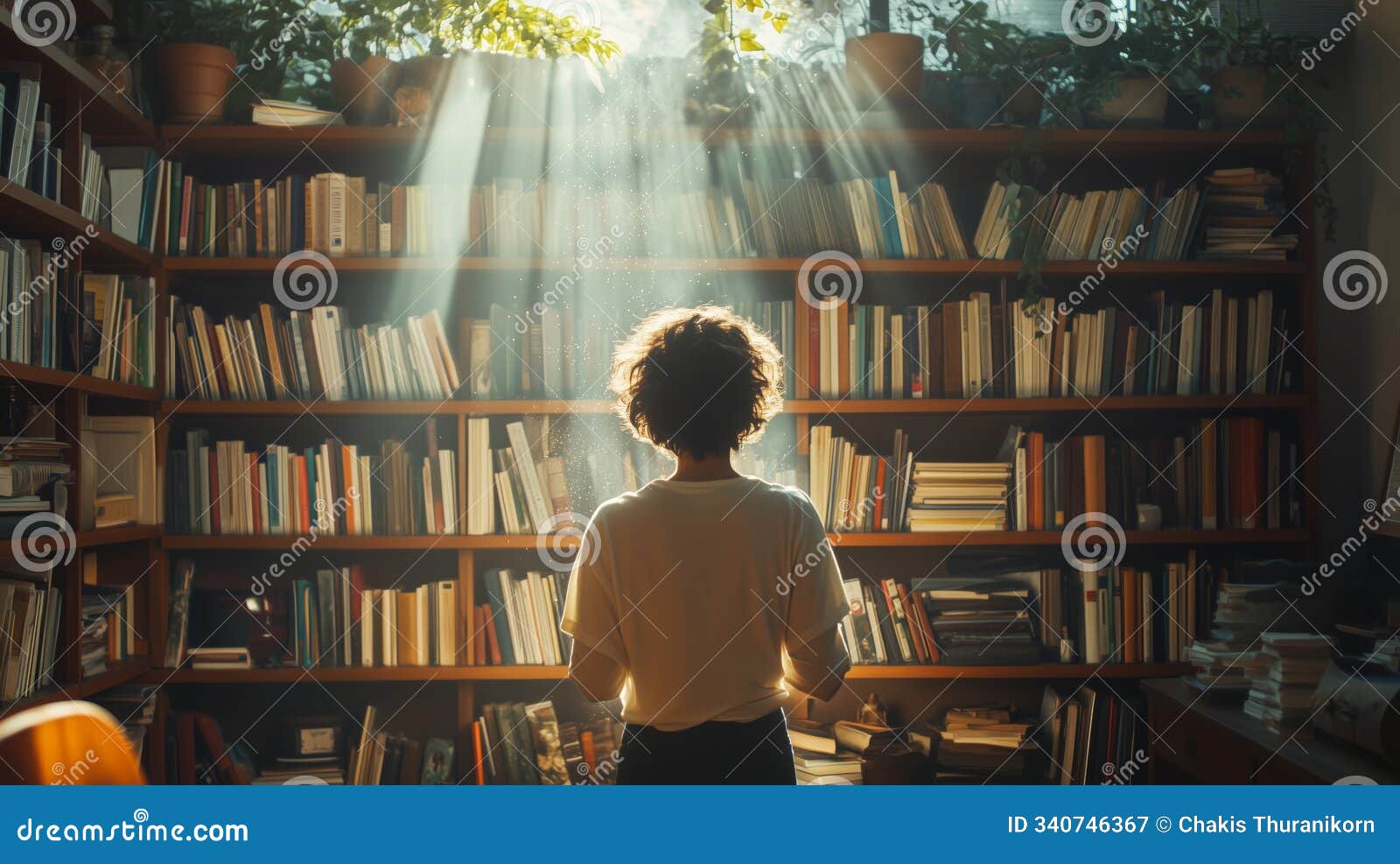 Person Standing in a Sunlit Library Surrounded by Bookshelves. Natural ...