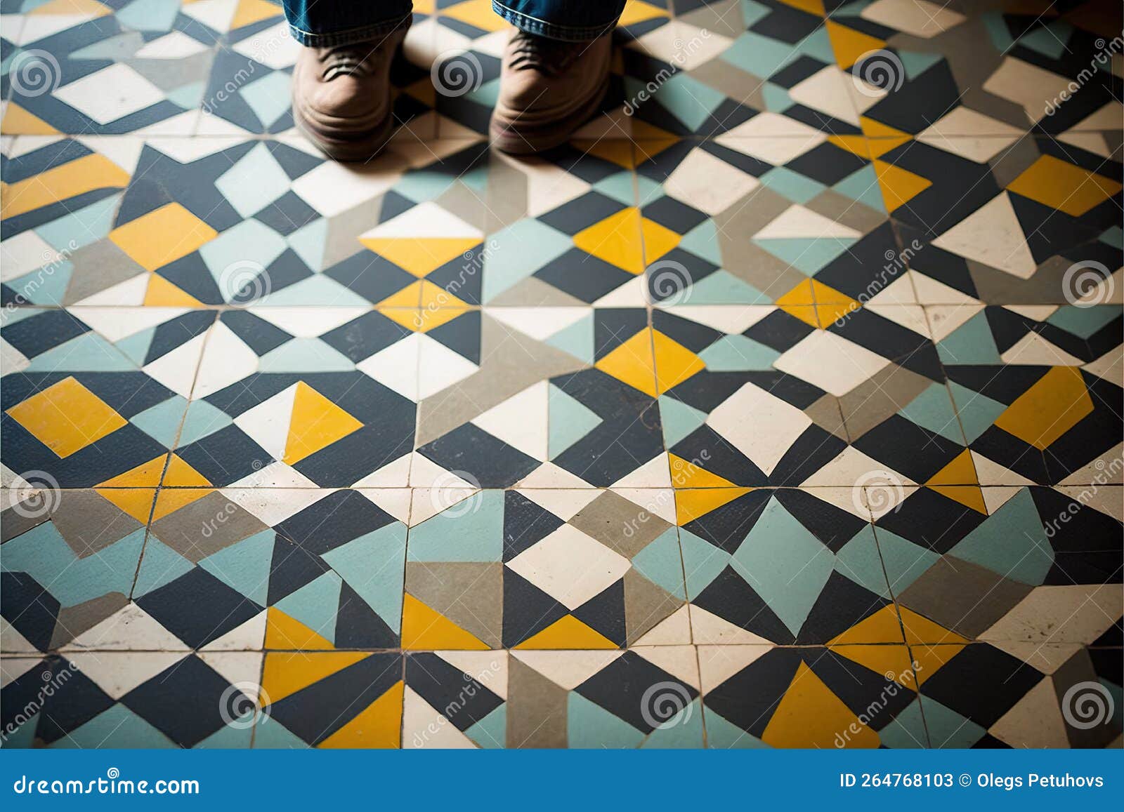 A Person Standing on a Tiled Floor with Their Feet on the Ground and ...
