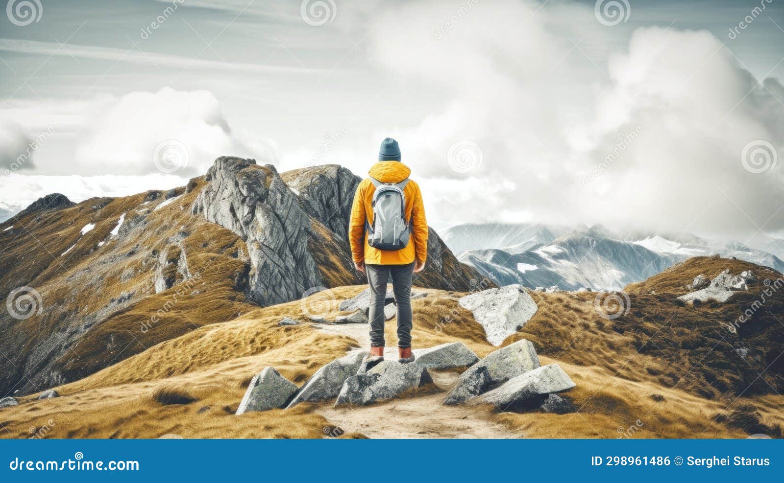 A Person Standing on Top of a Mountain with a Backpack, AI Stock Photo ...
