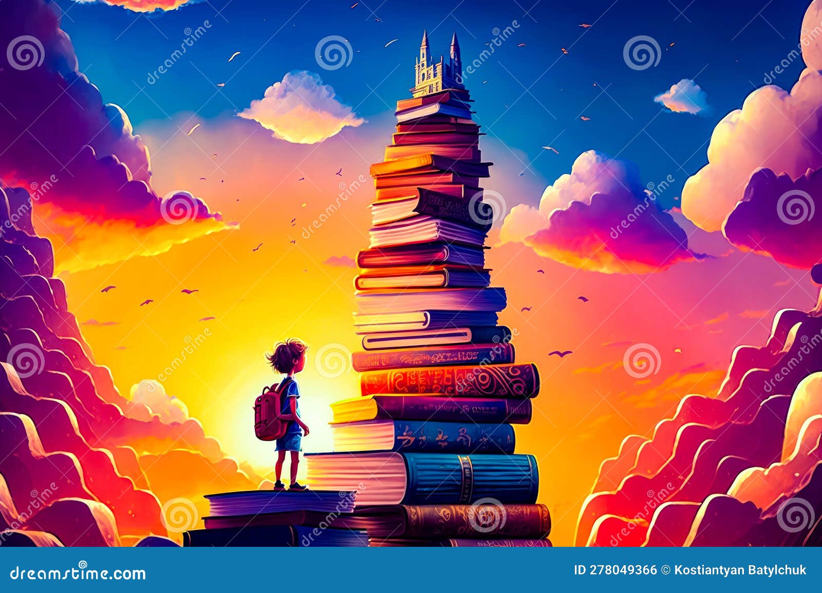 Person Standing on Top of Stack of Books with Castle in the Background ...