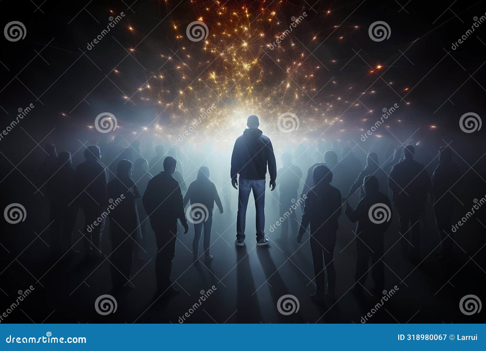 A Person Stands Facing a Bright, Explosive Light Amidst Silhouetted ...