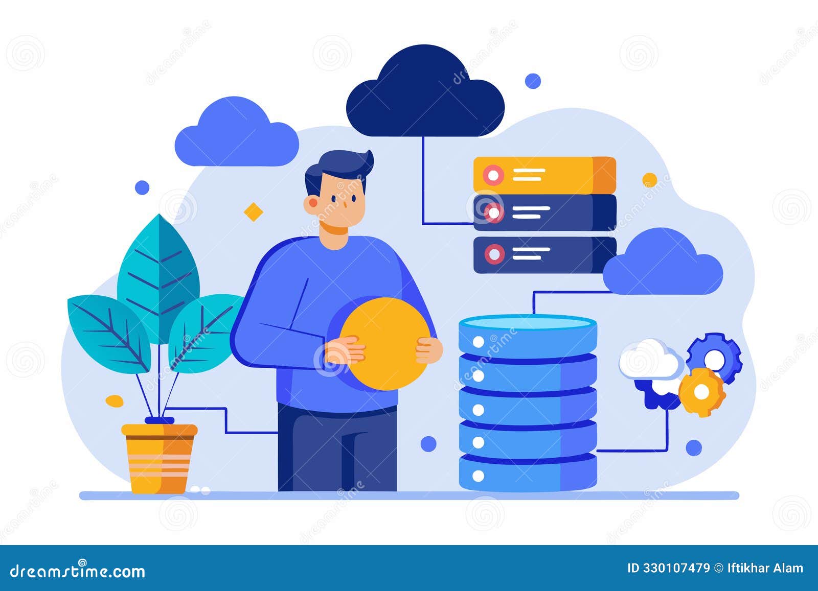 A Person Stands Holding a Round Object with Cloud Storage Elements and ...