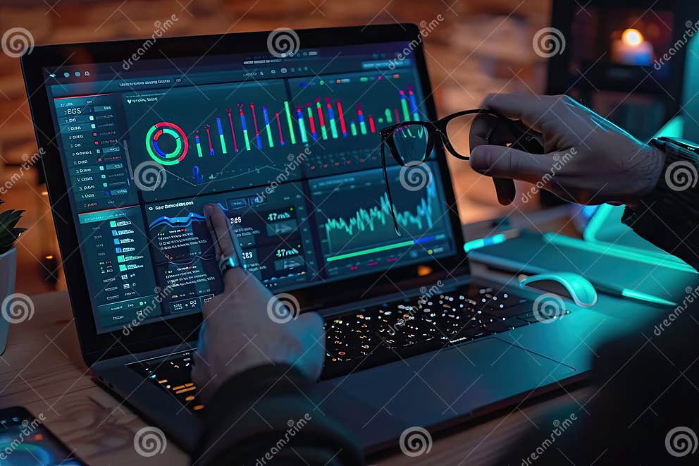 A Person is Staring at a Graphic on a Laptop Computer Screen Stock ...