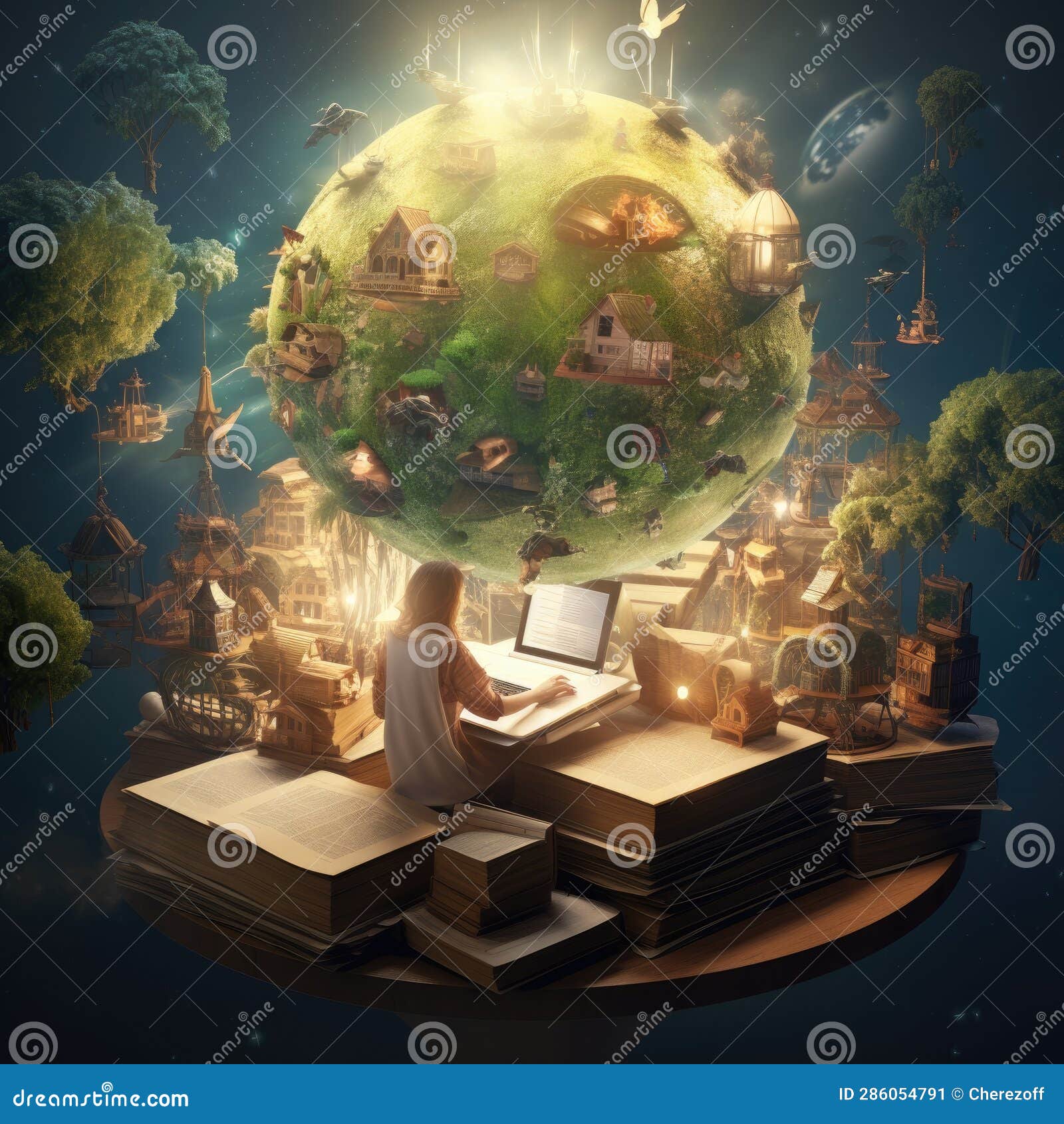 A Person Studies with a Laptop. E-learning Stock Illustration ...