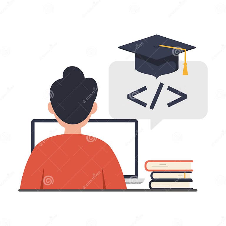 Person Studying Coding with Graduation Cap and Books in Workspace Stock ...