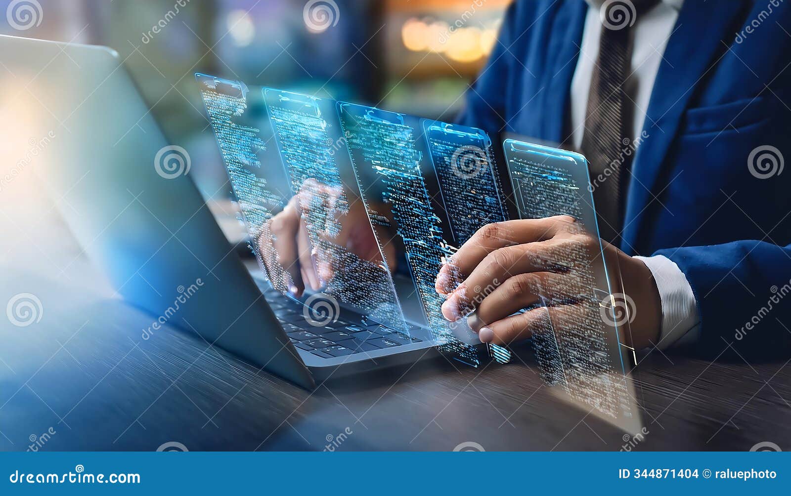 A Person In A Suit Works On A Laptop, Interacting With Holographic ...