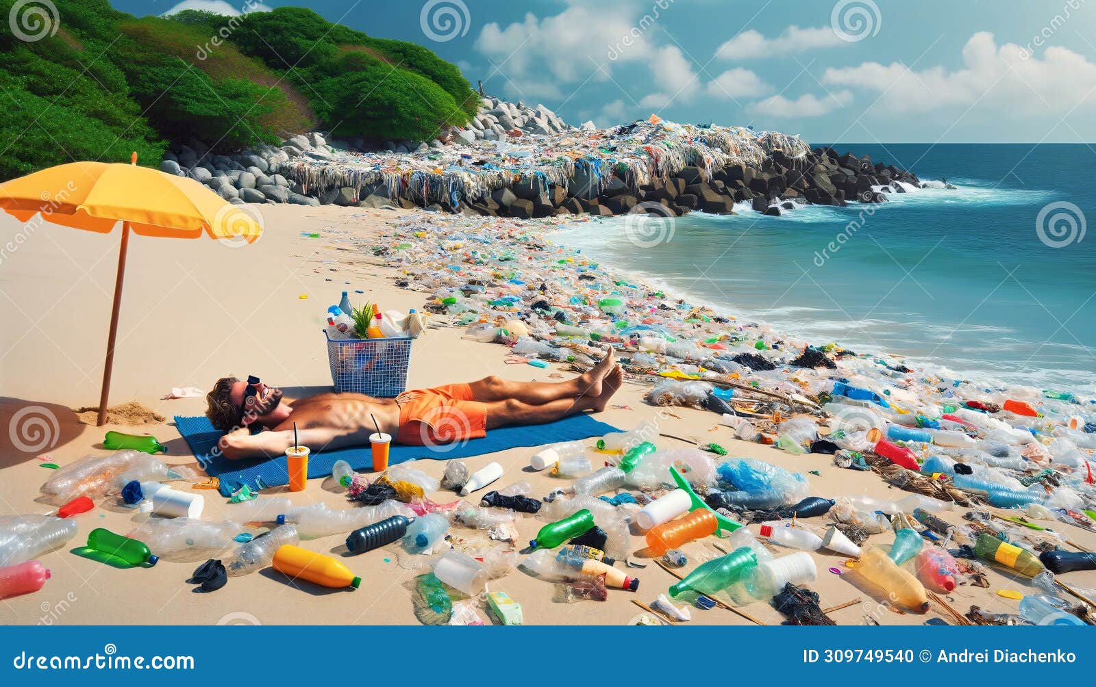 Person Sunbathing On A Beach Polluted With Plastic Waste Stock ...
