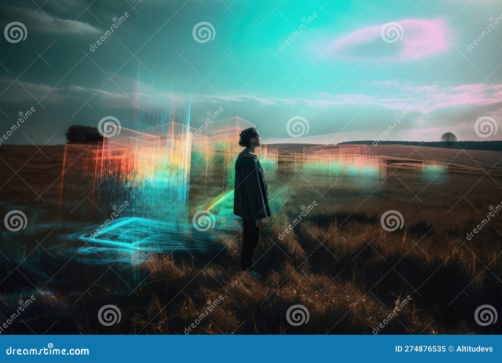 Person, Surrounded by Holographic Glitch Field, Interacting with the ...