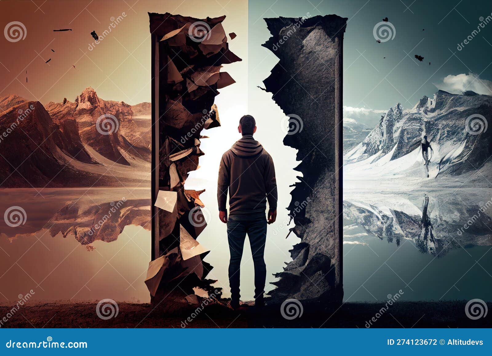 Person, Surrounded by Split Realities, with One Version of the Person ...